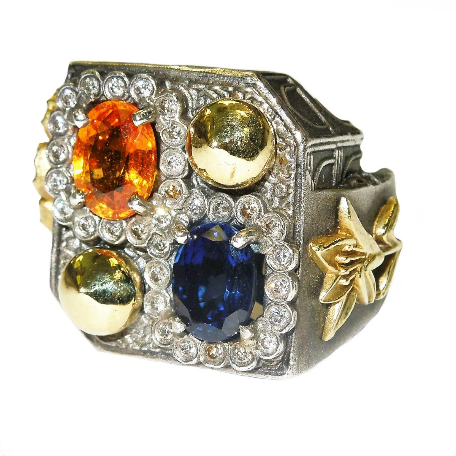 Stambolian Taj Mahal Garnet Kyanite Diamond Silver Gold Ring at 1stDibs