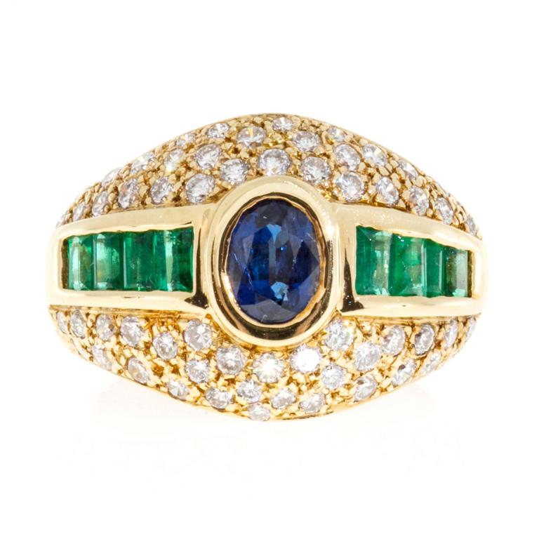 Oval Sapphire Emerald Pave Diamond Gold Ring at 1stDibs