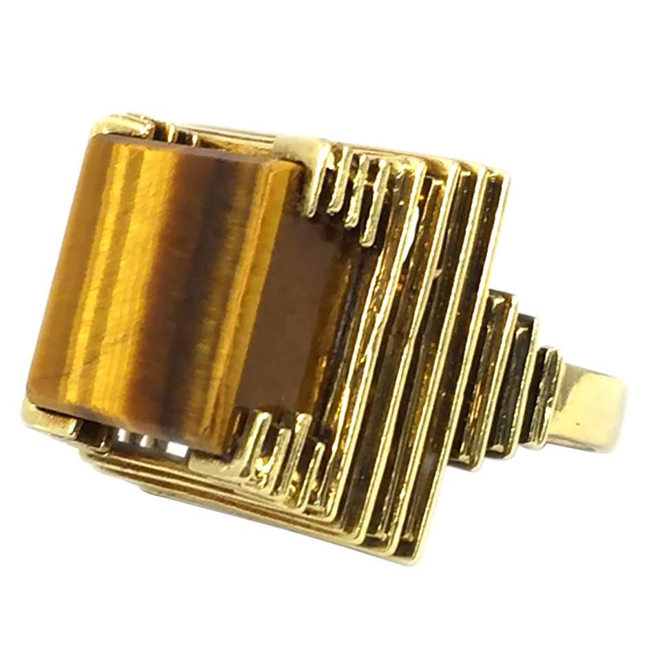 1970s Tiger Eye Gold Ring For Sale at 1stDibs