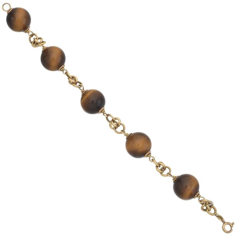 Tiger's Eye Bead and Gold Link Bracelet at 1stDibs