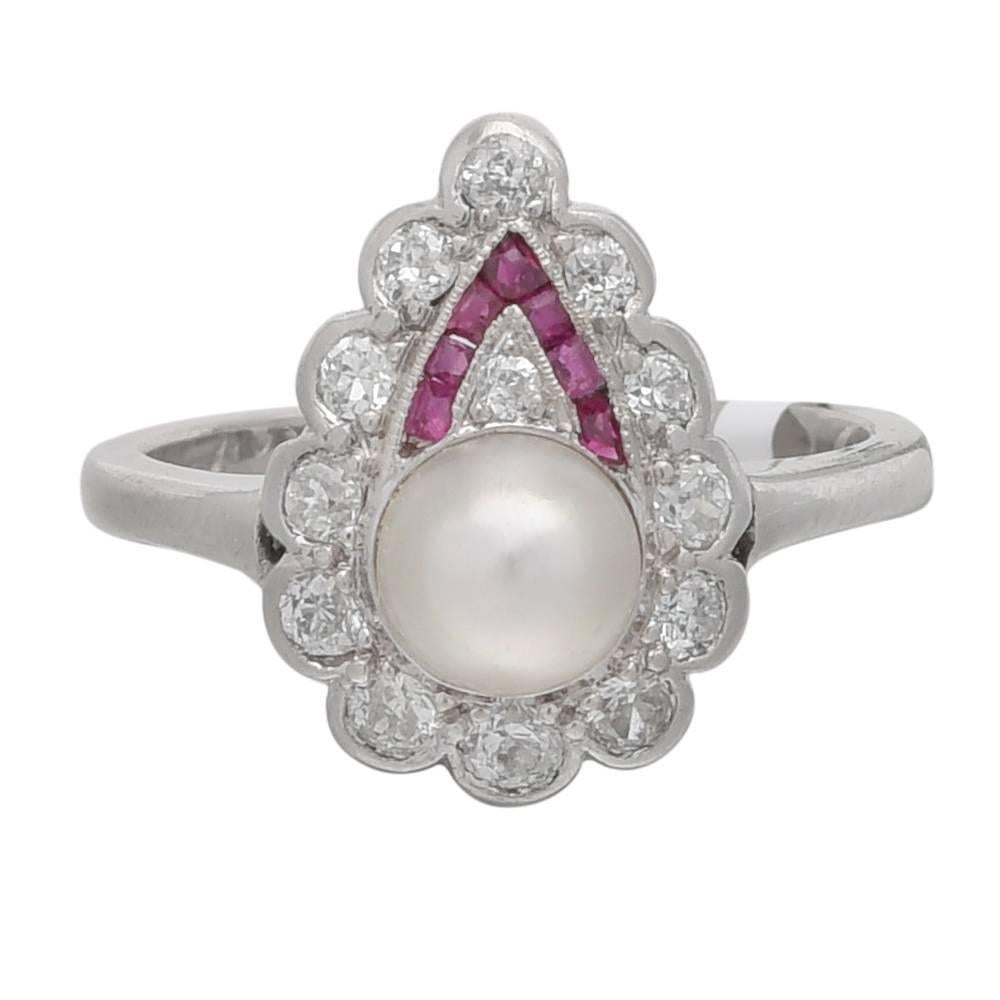 Antique Pearl Ruby Diamond Gold Cluster Ring at 1stDibs