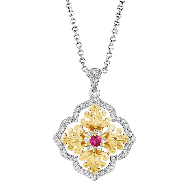 Carl Blackburn Ruby Diamond Gold Oak Leaf Pendant For Sale at 1stDibs