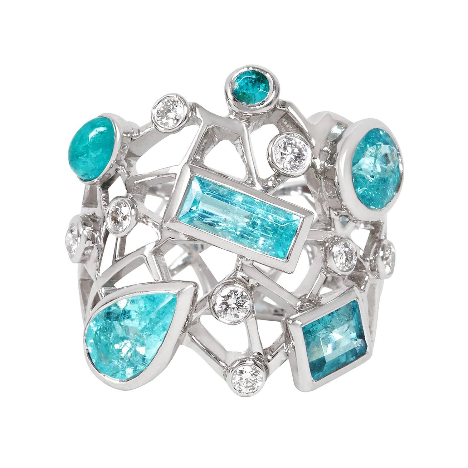 Paraiba Tourmaline Diamond Gold Cobweb Cocktail Ring For Sale at 1stDibs
