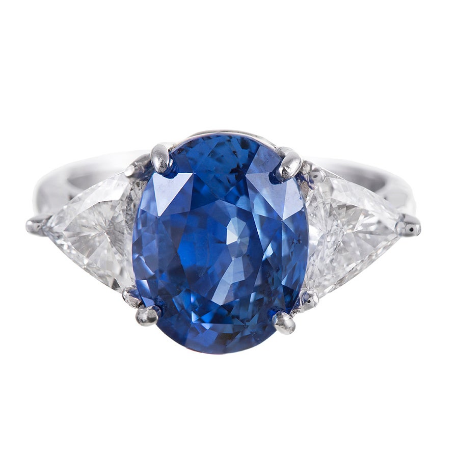 Cushion Cut Sapphire Trillion Cut Diamond Platinum Ring at 1stDibs
