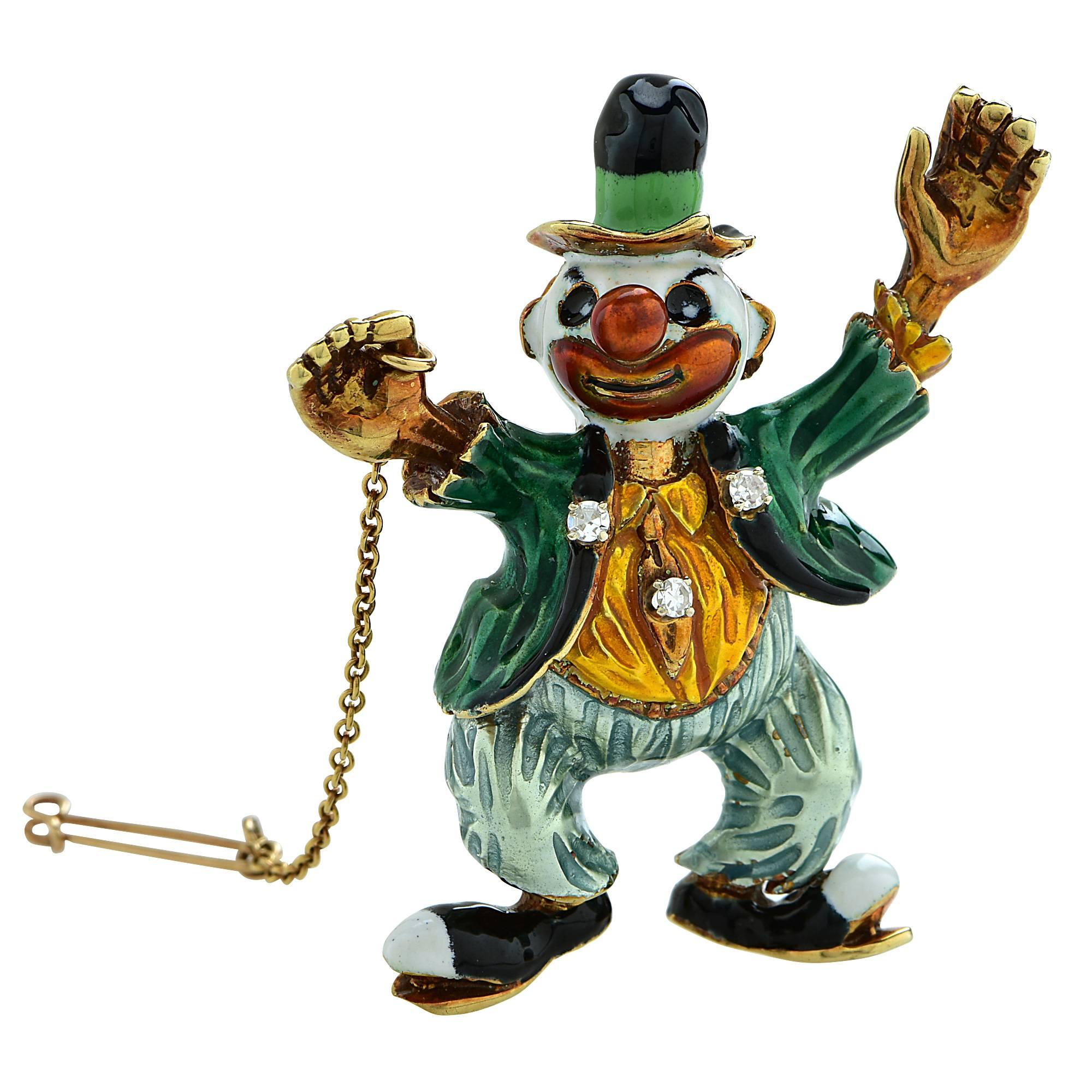 Enamel Diamond Gold Clown Brooch at 1stDibs