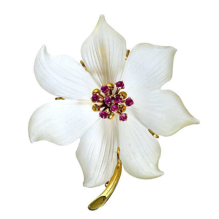 Rock Crystal Sapphire Gold Flower Brooch at 1stDibs