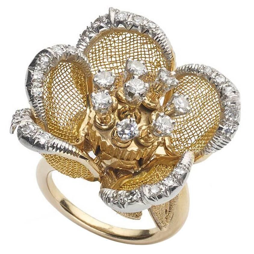 Diamond Gold Mesh Flower Ring at 1stDibs