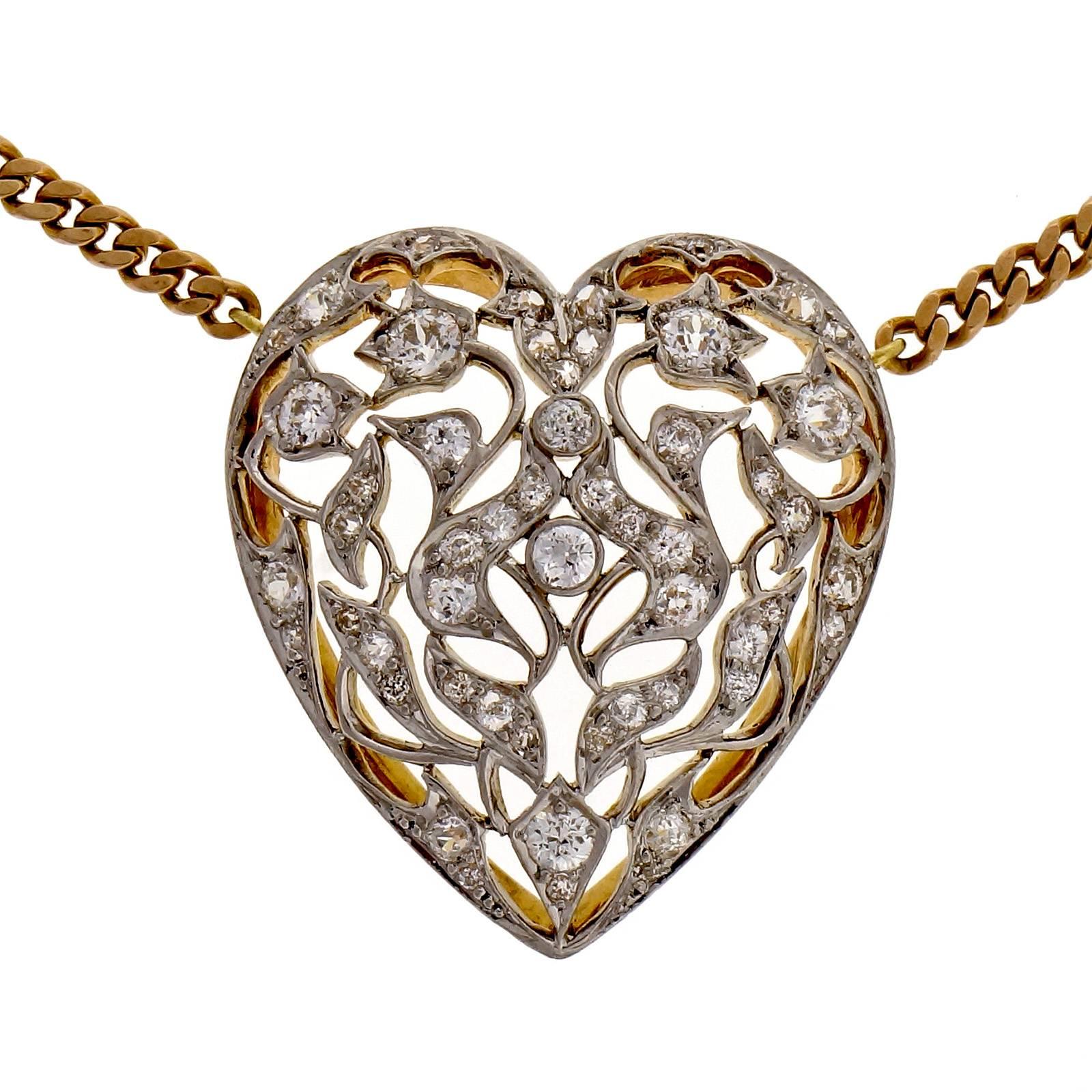 Diamond Gold Open Work Platinum Heart Pendant Necklace at 1stDibs