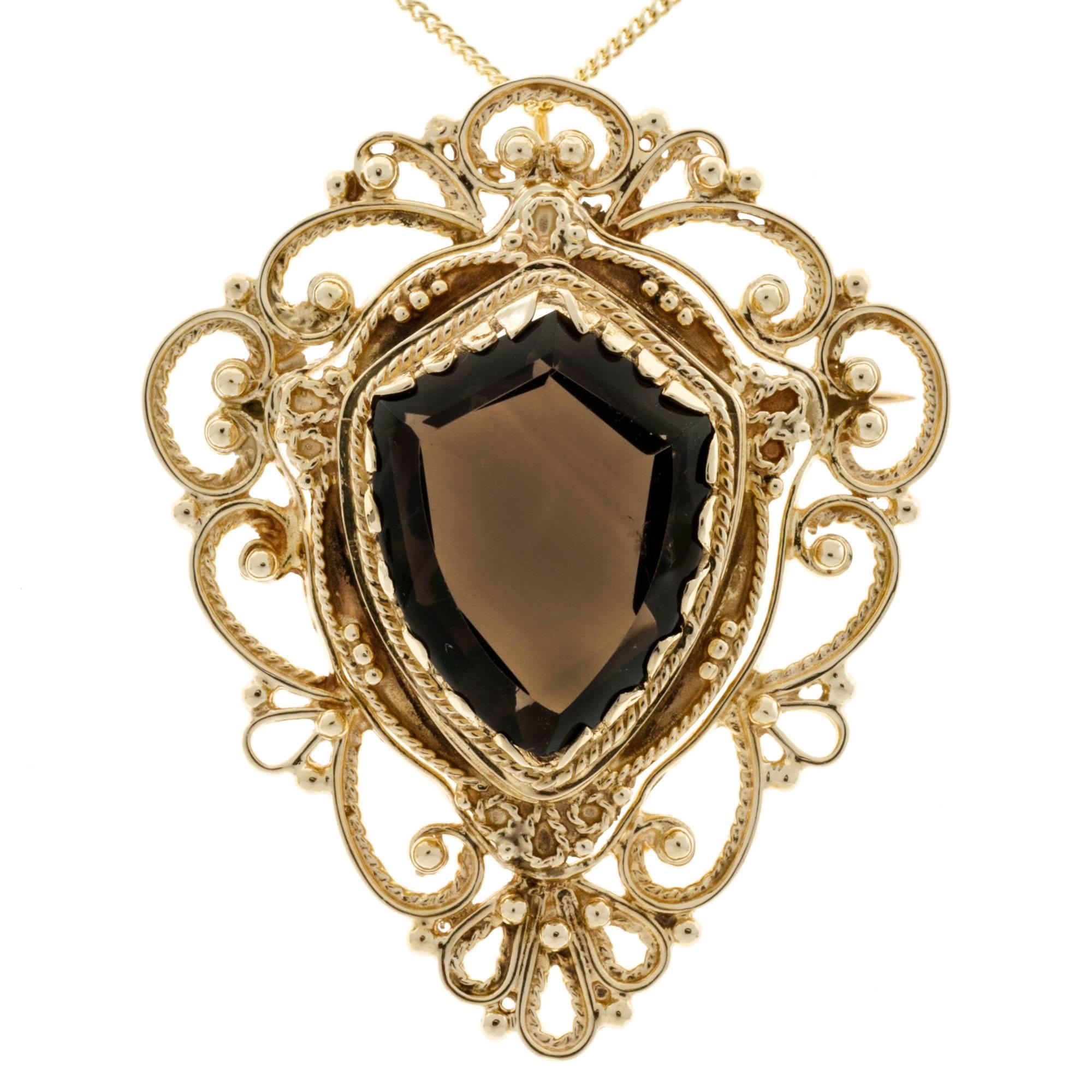 Smoky Quartz Shield Shape Gold Pin Pendant Necklace For Sale at 1stDibs