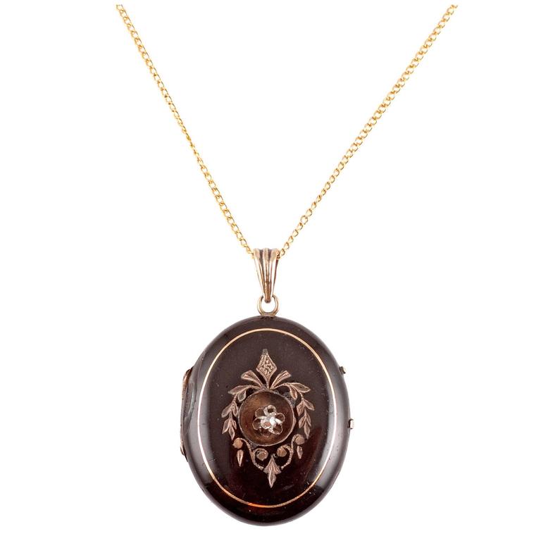 Victorian Black Enamel Diamond Two Color Gold Locket at 1stDibs