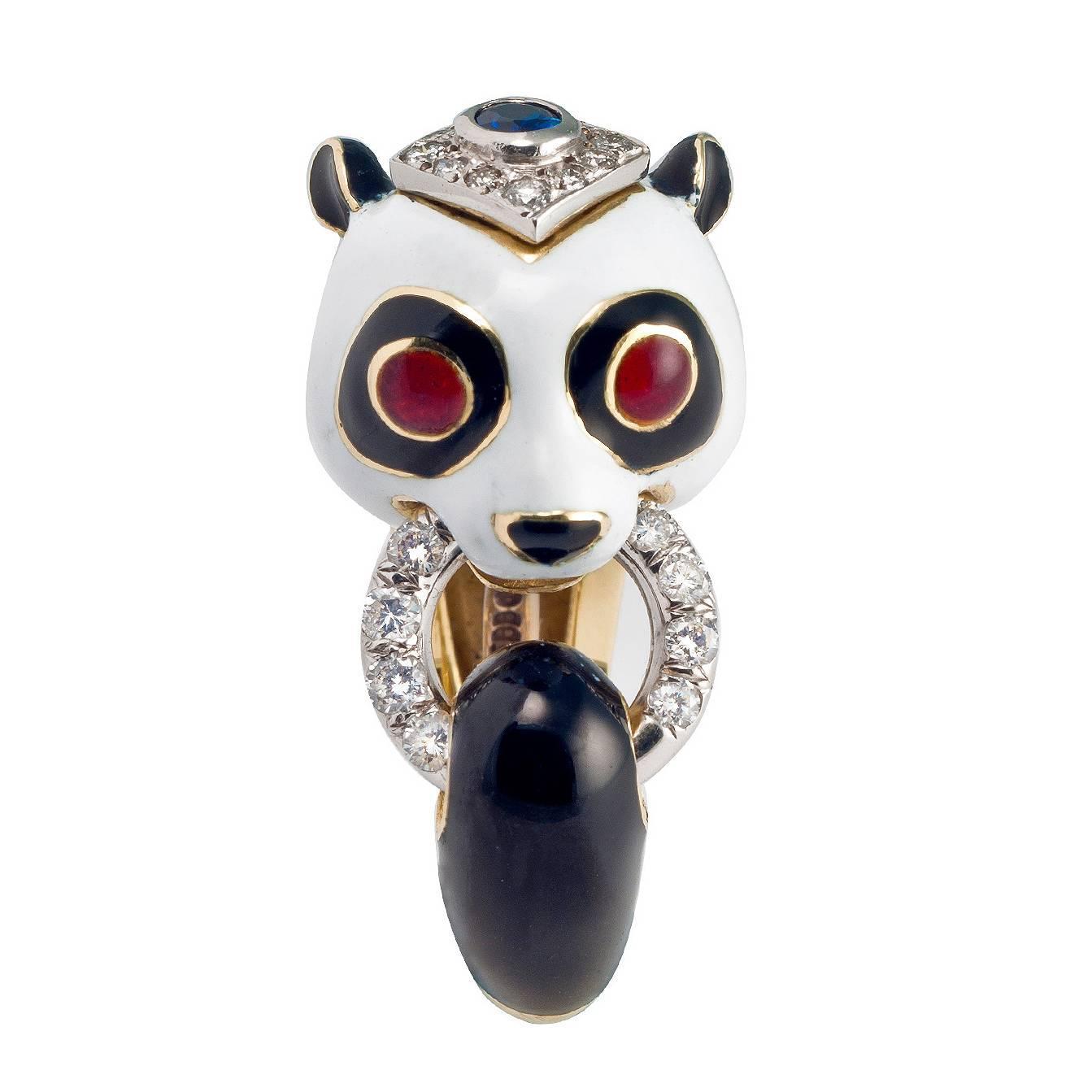 David Webb Enamel Ruby Diamond Panda Ring at 1stdibs