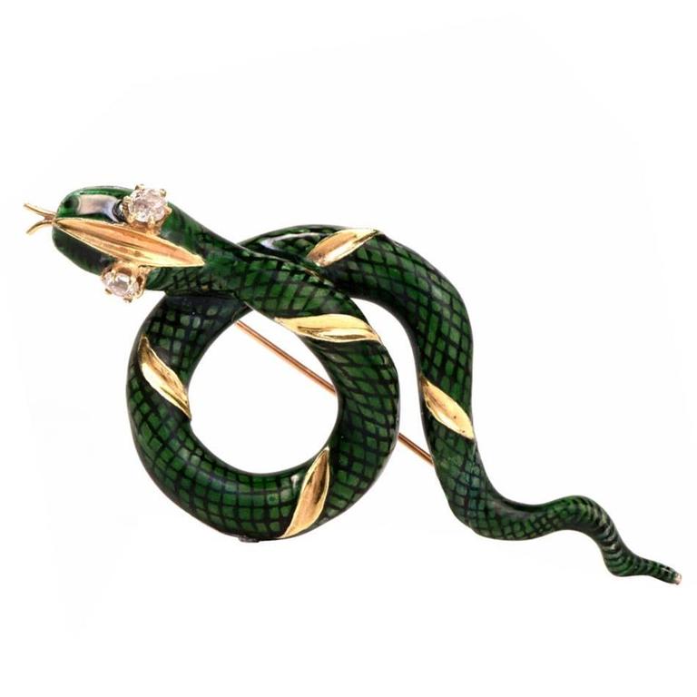 1950s Enamel Diamond Gold Snake Brooch Pin For Sale at 1stDibs