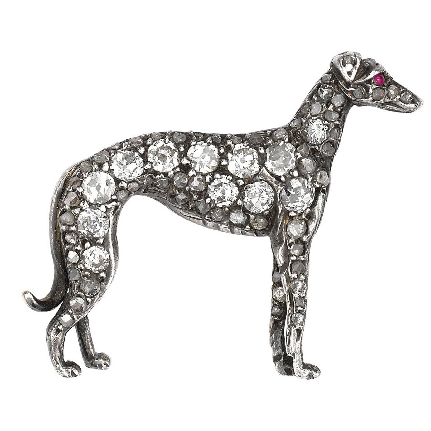 Silver and 18 Carat White Gold Brilliant Diamond Greyhound Brooch For ...