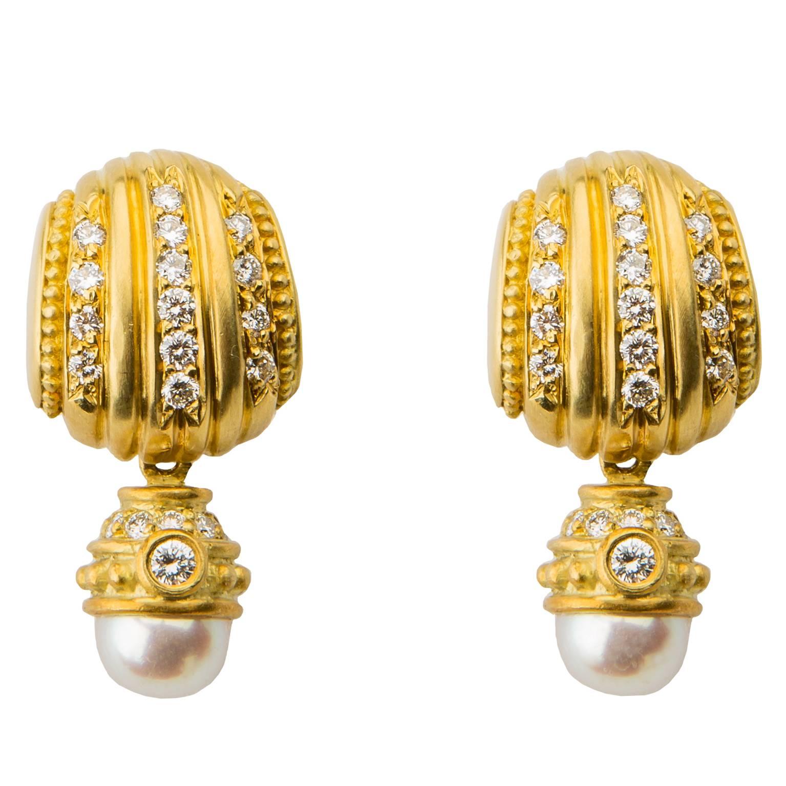 Judith Ripka Pearl Diamond Gold Earrings at 1stDibs