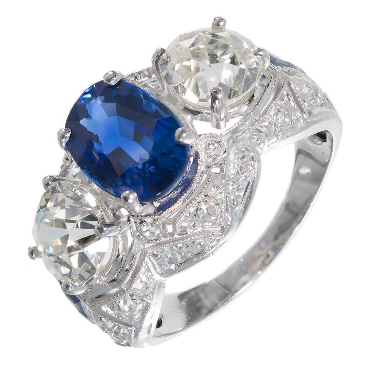 Cornflower Natural Blue Sapphire Diamond Three Stone Engagement Ring at 1stdibs