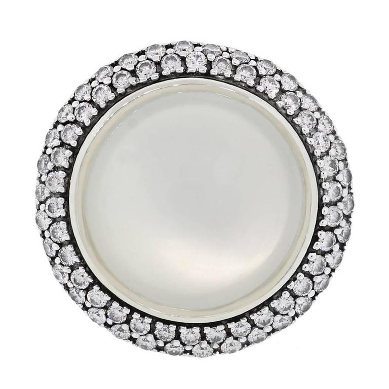 David Yurman Moonstone Sterling Silver Double Row Diamond Ring at 1stDibs