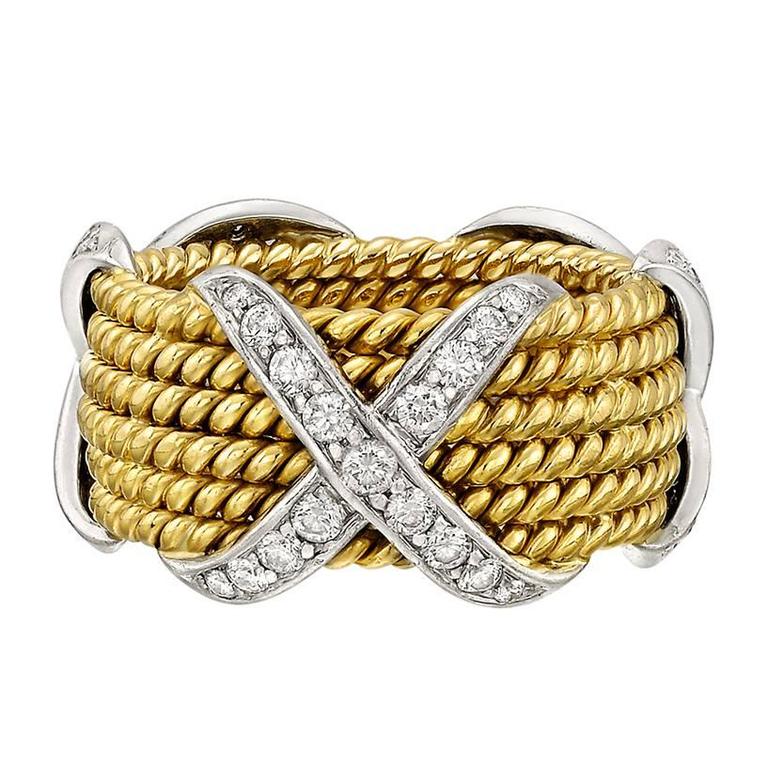 Tiffany and Co. Schlumberger Diamond "X" Gold Rope Wide Band Ring at ...