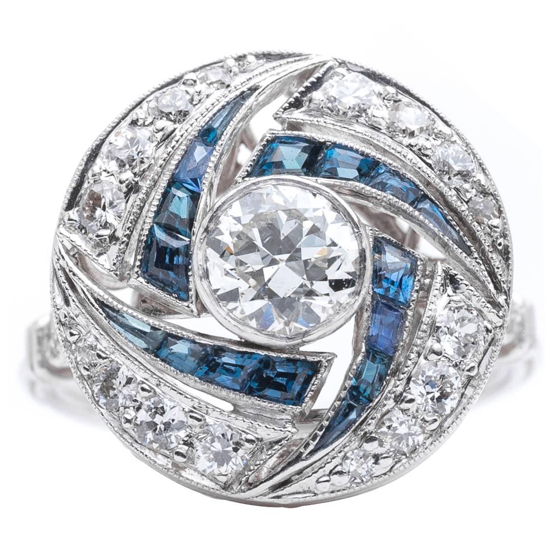 Unique Art Deco Sapphire 0.67 Carat Diamond Pinwheel Ring in Platinum ...