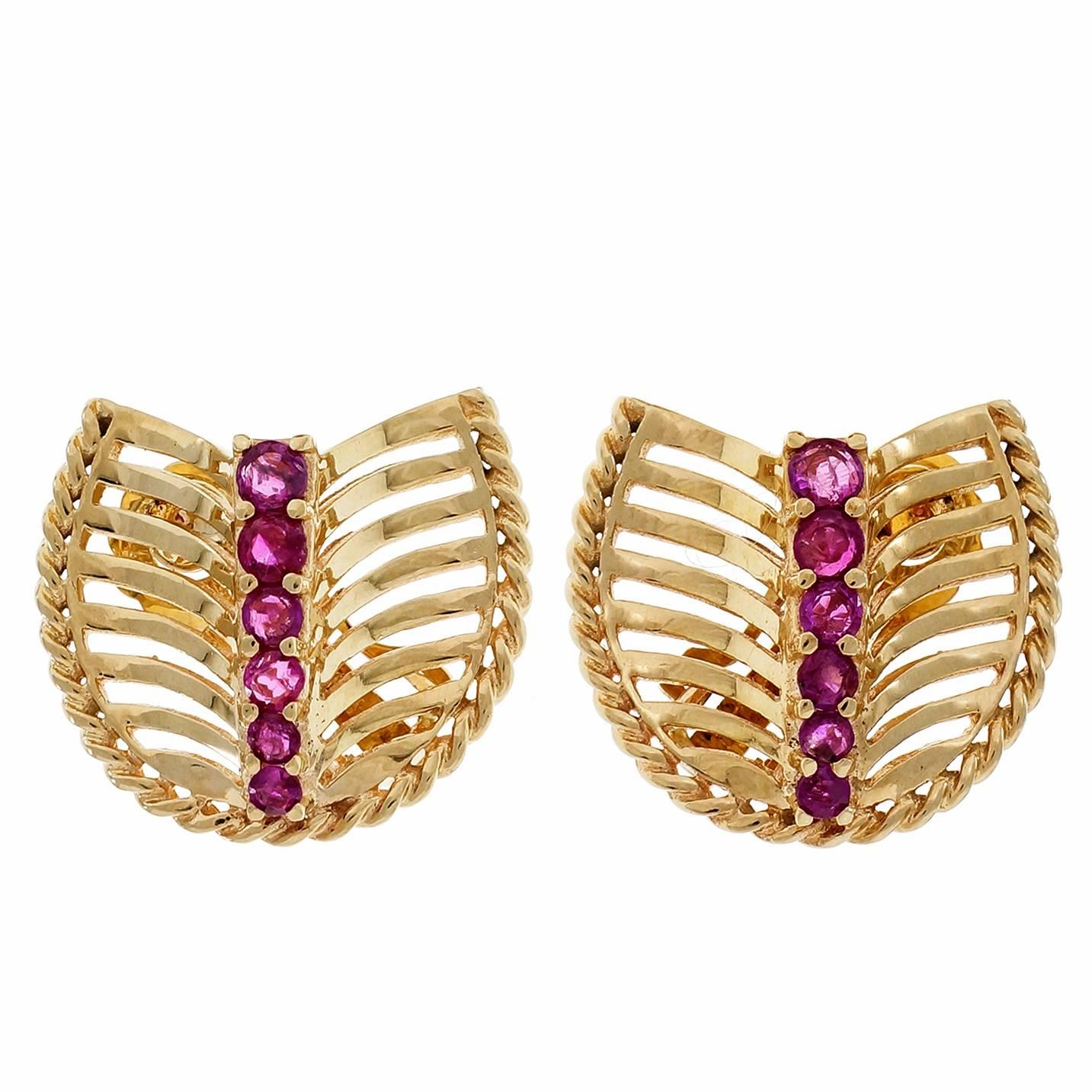 Ruby Hand Textured Gold Bow Earrings For Sale at 1stDibs