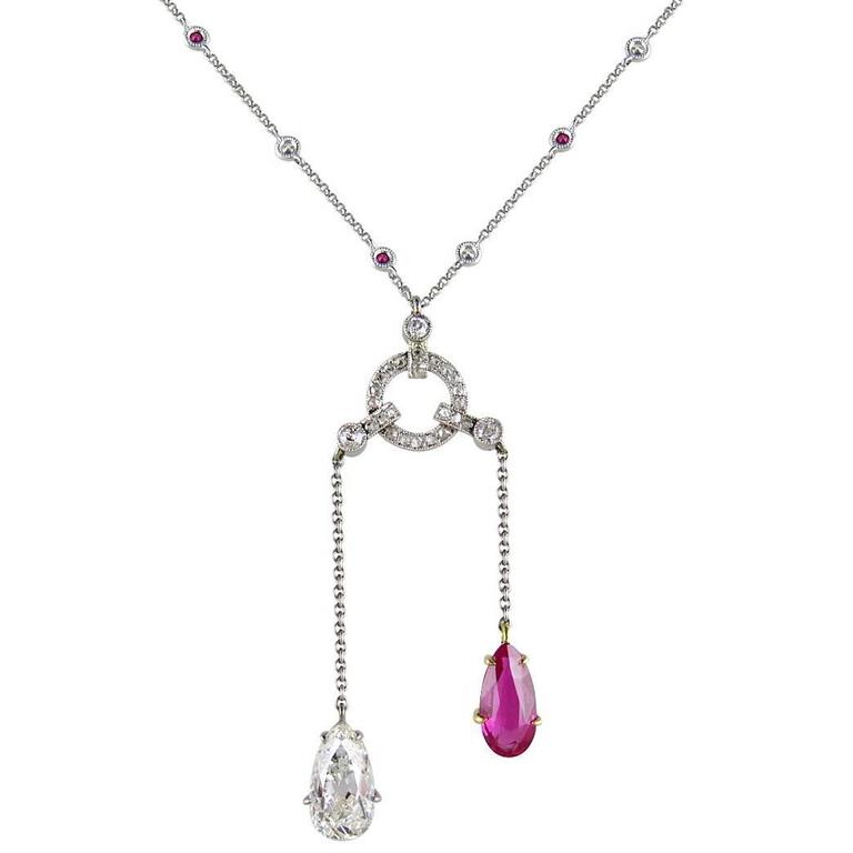 Burmese Ruby and Diamond Two-Stone Lavaliere Necklace at 1stDibs