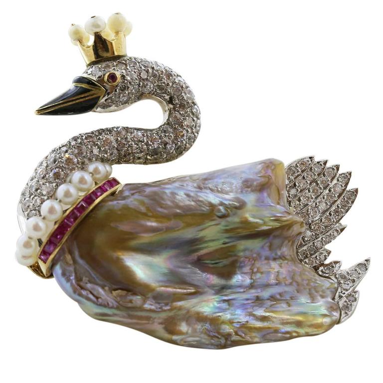 Diamond Pearl Ruby Swan Pin For Sale at 1stDibs