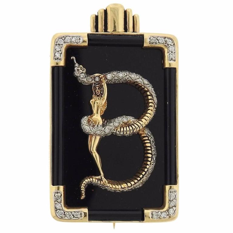 Erte Alphabet Gold Diamond Onyx Brooch Pin at 1stDibs