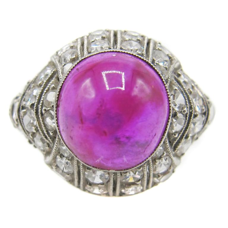 French Art Deco Platinum Diamond Cab Ruby Ring For Sale at 1stDibs