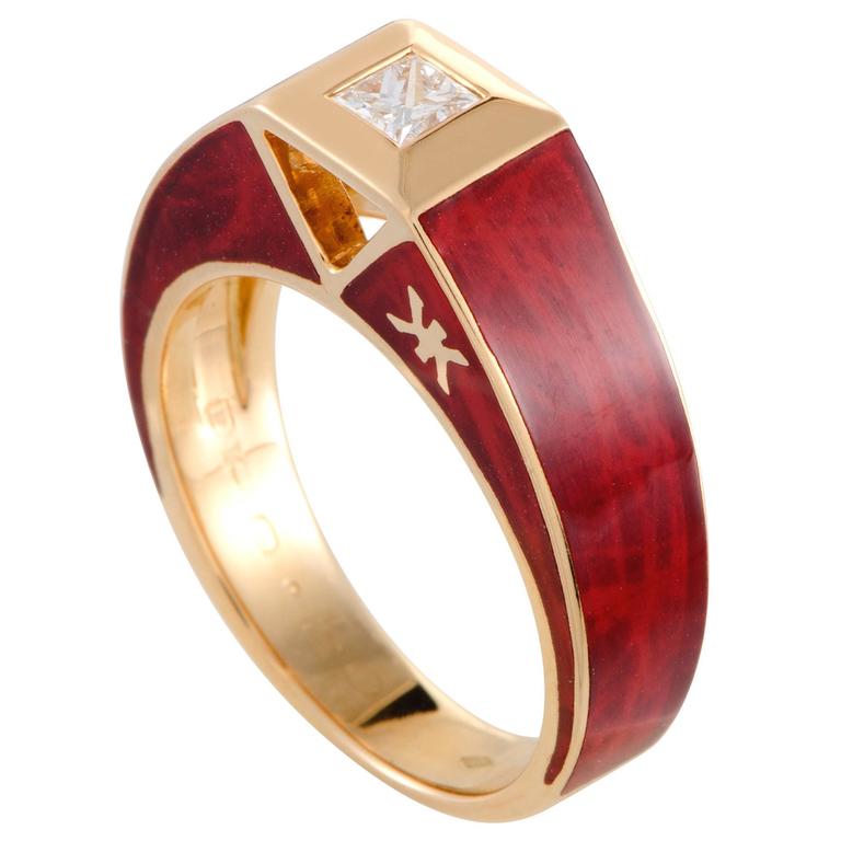 Korloff Women's Diamond and Red Enamel 18 Karat Yellow Gold Ring at 1stDibs