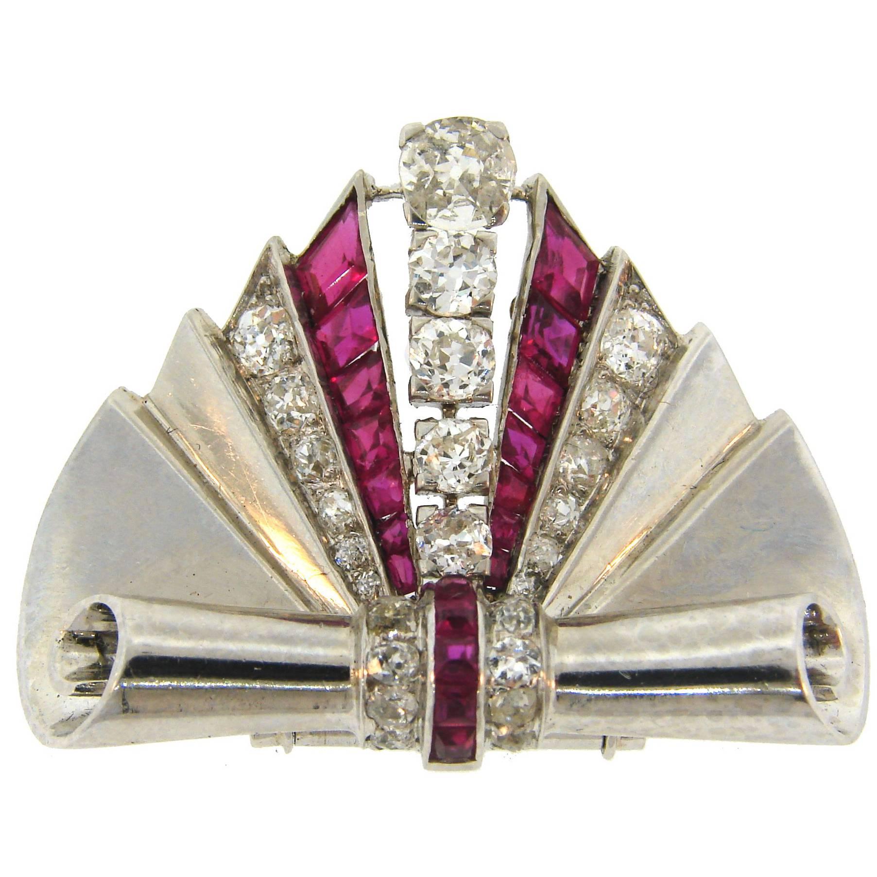 1930s Van Cleef and Arpels Diamond Ruby Platinum Clip Pin Brooch VCA ...