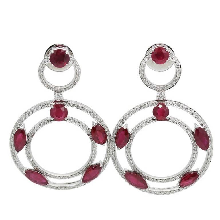 Ruby Diamond White Gold Dangle Earrings For Sale at 1stDibs