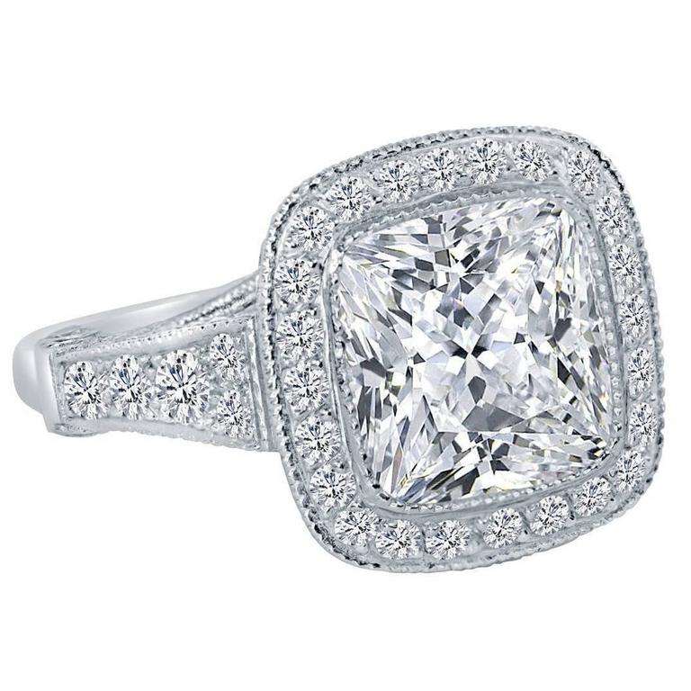 Hand Made Cushion Diamond Platinum Solitaire Ring For Sale at 1stDibs