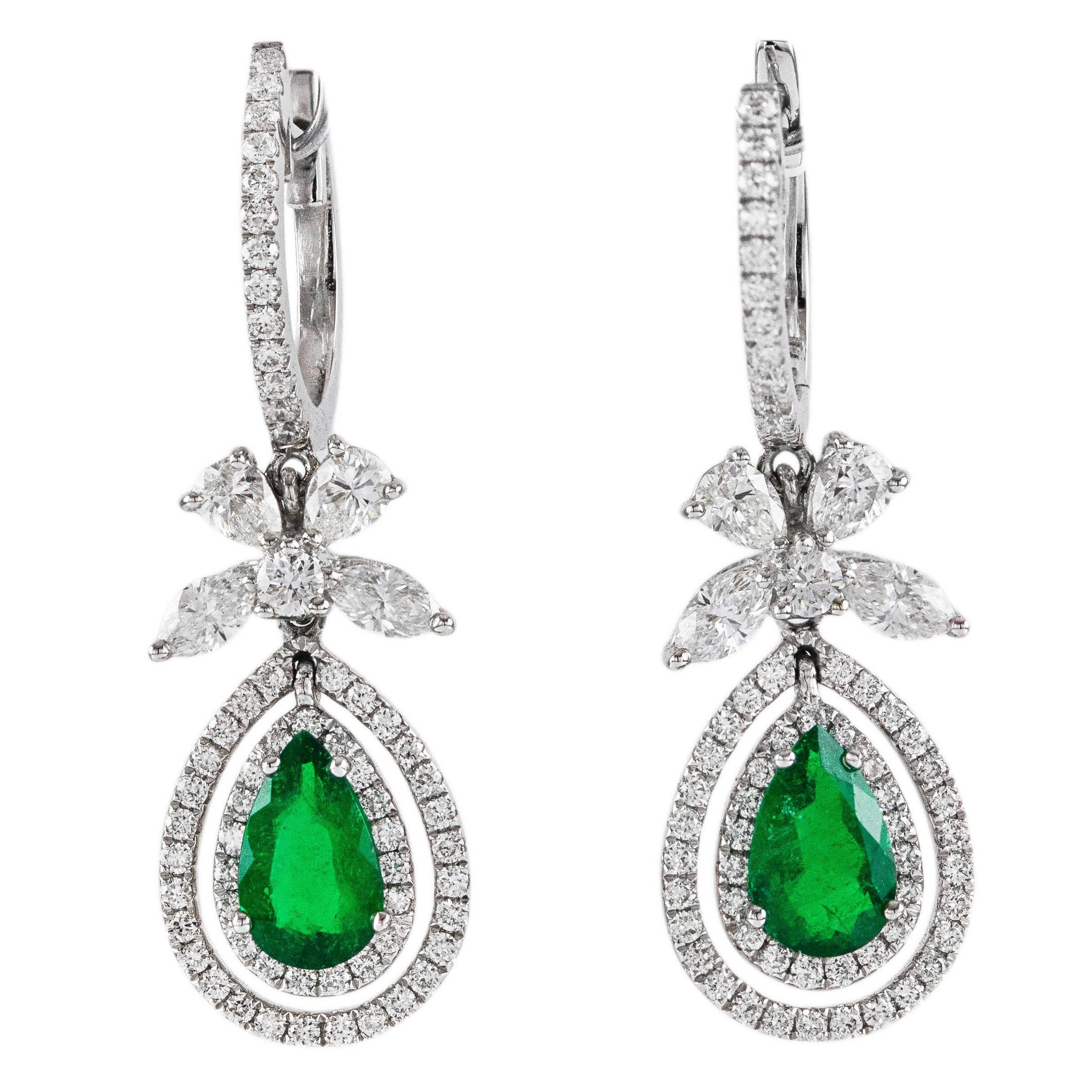 Emerald Baguette Round Diamond Dangle Earrings at 1stDibs
