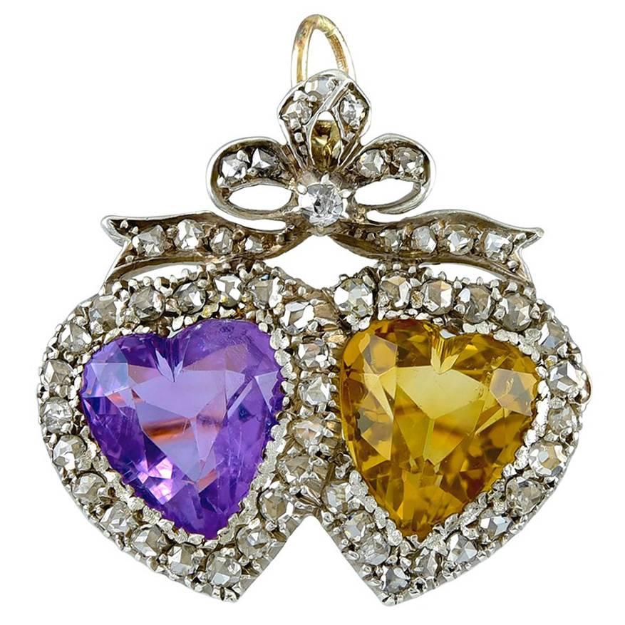 Antique Silver and Gold Double Heart Pendant Pin at 1stDibs