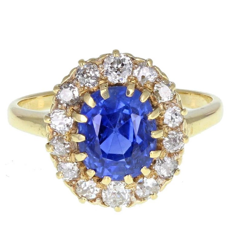 Antique Cushion Cut No Heat Ceylon Sapphire Diamond Yellow Gold Ring ...