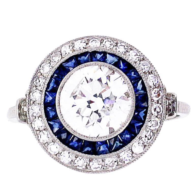 Sapphire Diamond platinum Target Cluster Ring For Sale at 1stDibs