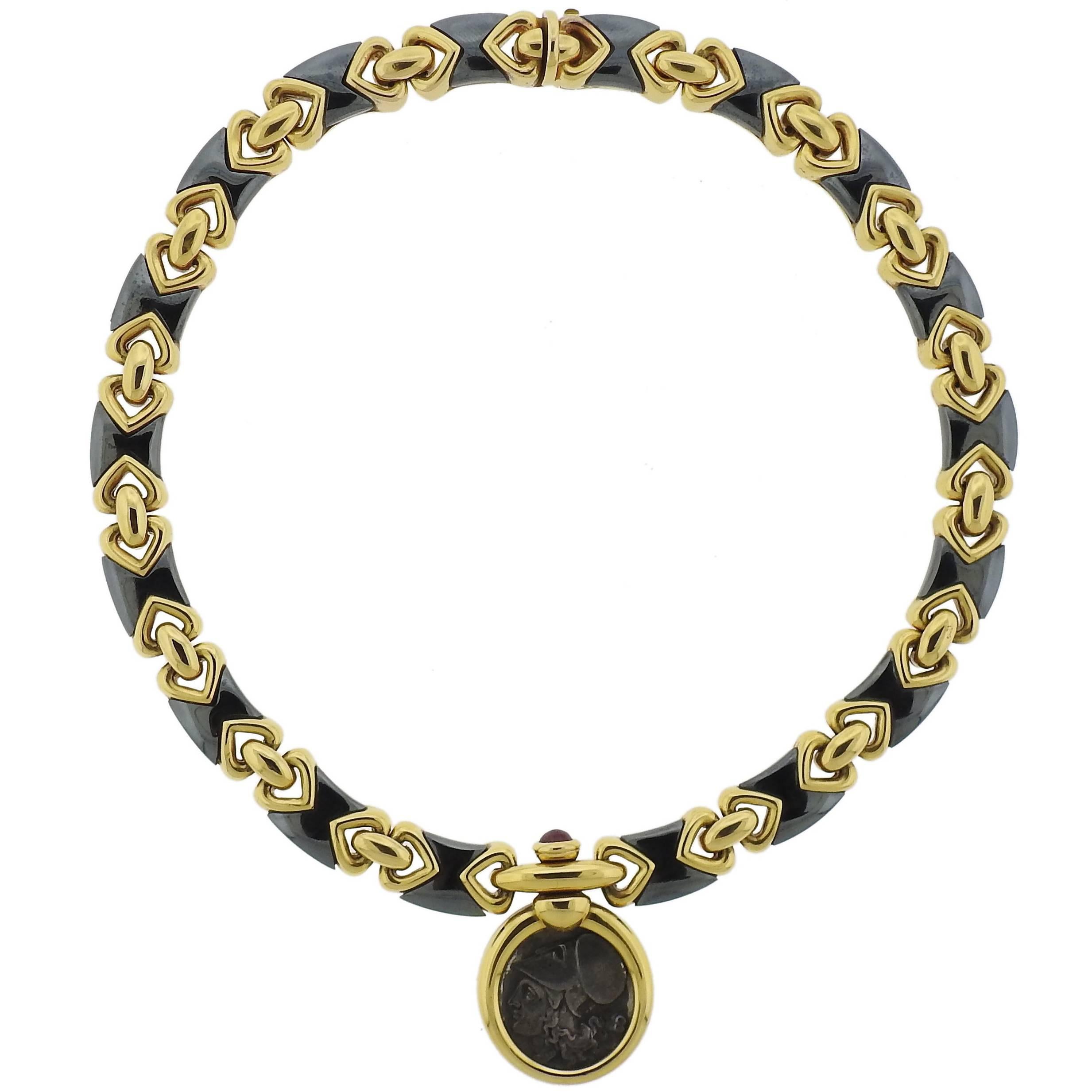 Bulgari Hematite Ancient Coin Ruby Gold Pendant Necklace For Sale at ...