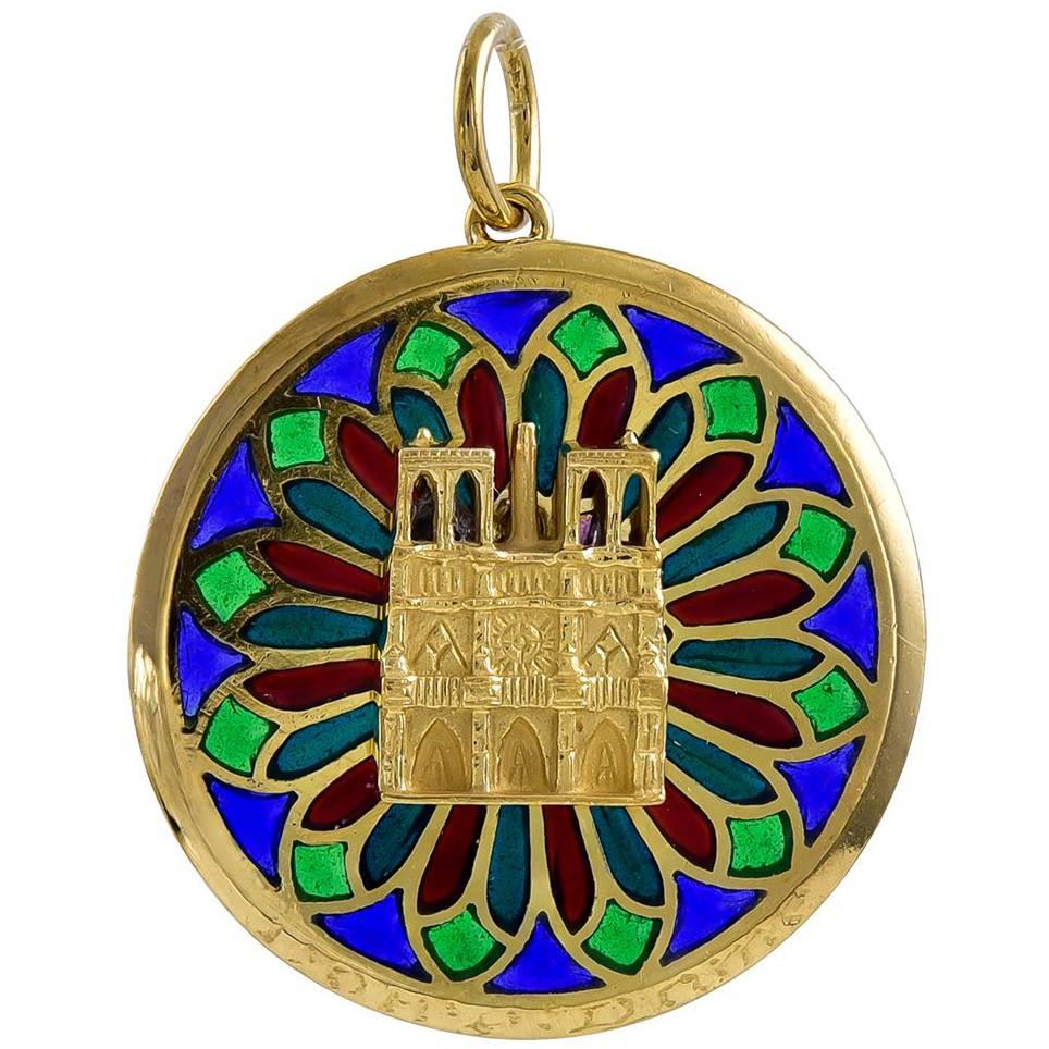 French Gold and Plique a Jour Notre Dame Charm Pendant at 1stDibs