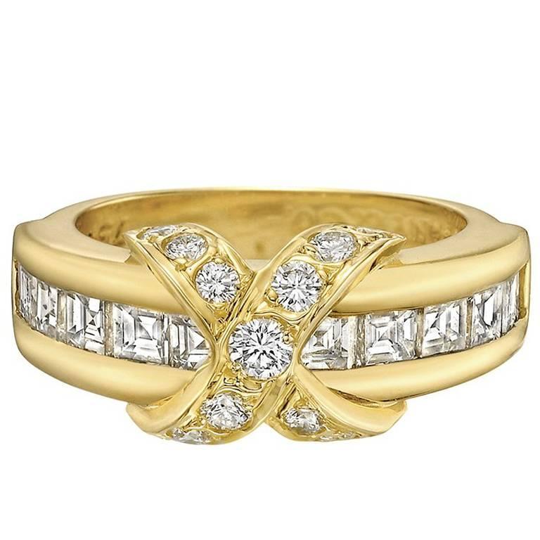Tiffany Diamond Yellow Gold X Band Ring at 1stDibs | x band engagement ring