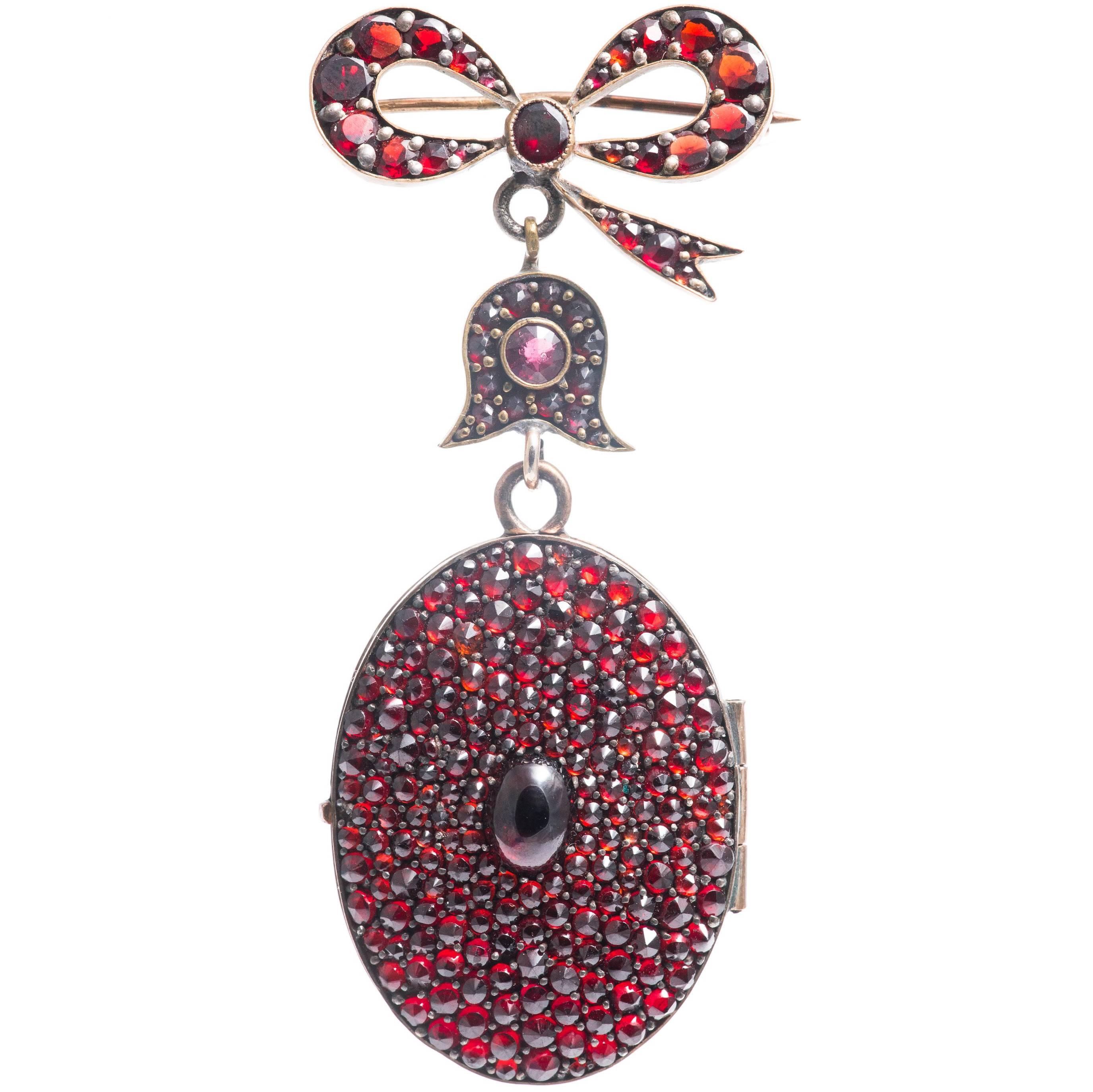 Victorian Bohemian Garnet Locket Brooch in Gilt Silver For Sale at 1stDibs