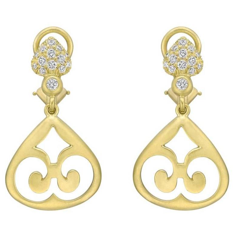 Elizabeth Rand Diamond Brushed Yellow Gold Drop Earrings at 1stDibs