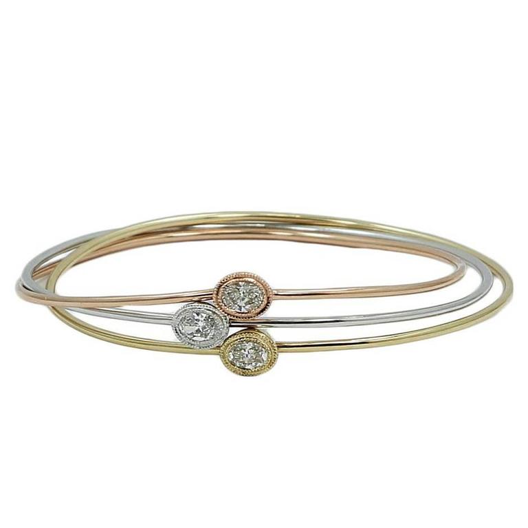 1.01 Carat Diamond Three Color Gold Bangle Bracelets For Sale at 1stDibs