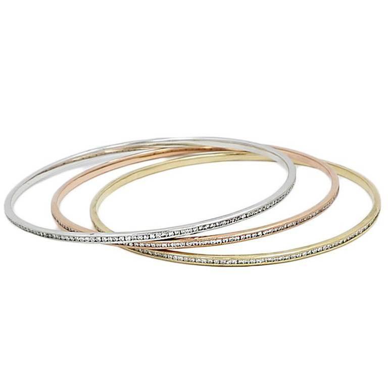 5.25 Carat Diamond Three Tone Gold Bangle Bracelets For Sale at 1stDibs
