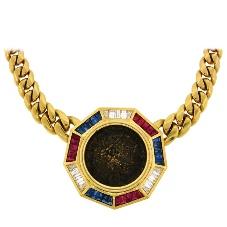 Bulgari Diamond Ruby Sapphire Yellow Gold Coin Pendant Necklace at 1stDibs