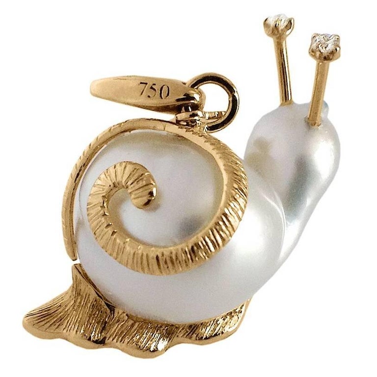 Snail White Diamond Australian Pearl Gold Pendant/Necklace and Charm at ...
