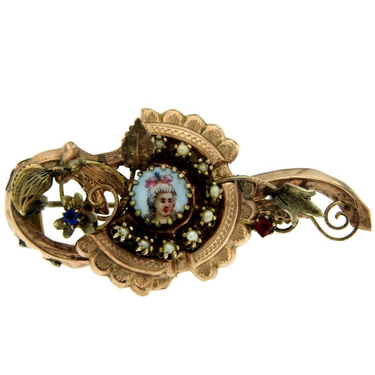 Victorian Enamel Gold Brooch For Sale at 1stDibs