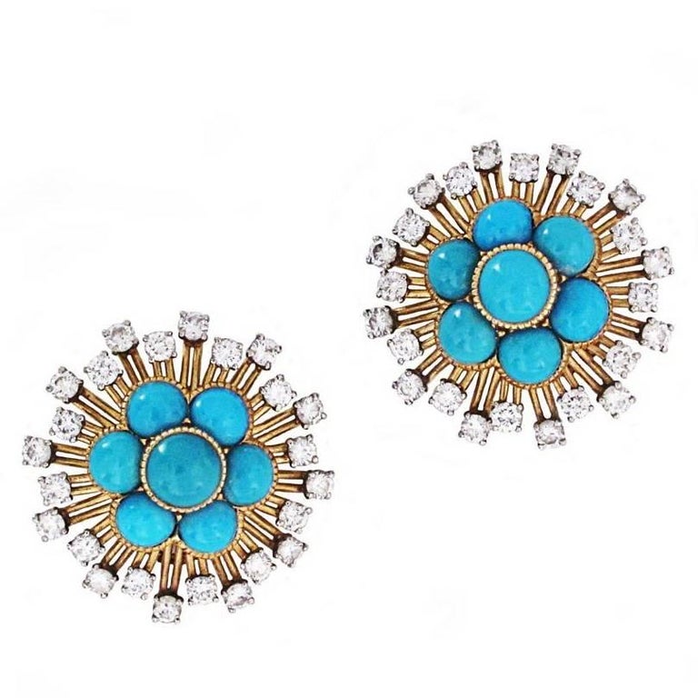 Cartier Turquoise and Diamond Cluster Earrings For Sale at 1stDibs