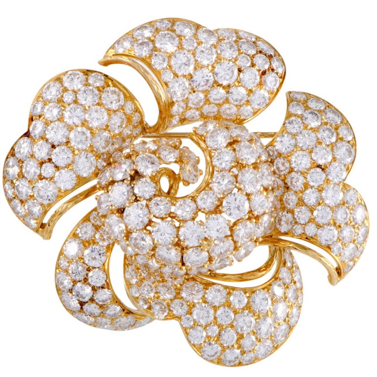 Bulgari Large Diamond Pave Gold Flower Brooch at 1stDibs