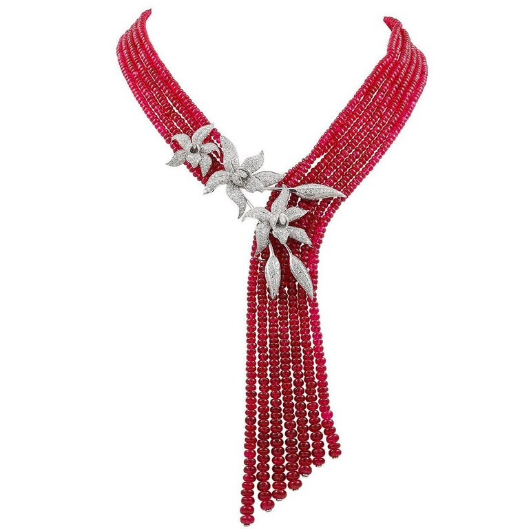 Cartier Diamond Red Spinel Beads Necklace at 1stDibs
