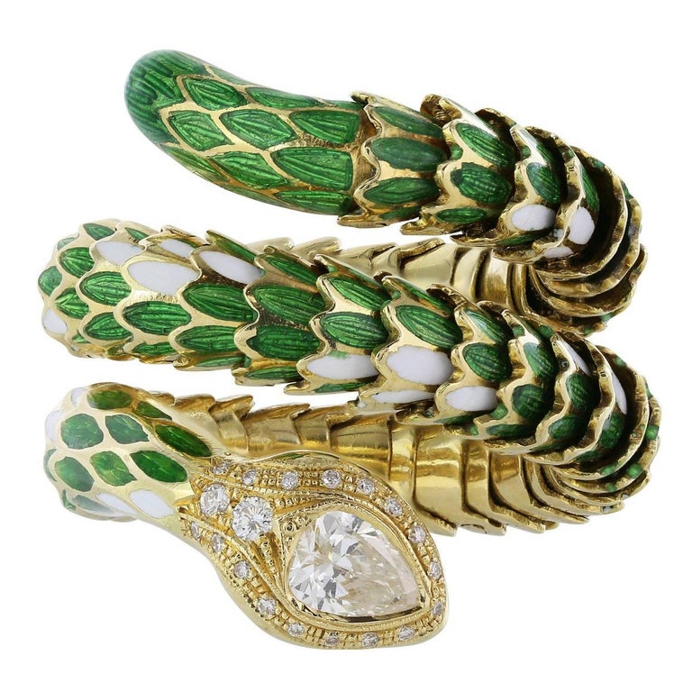 Diamond Enamel Gold Snake Ring For Sale at 1stDibs