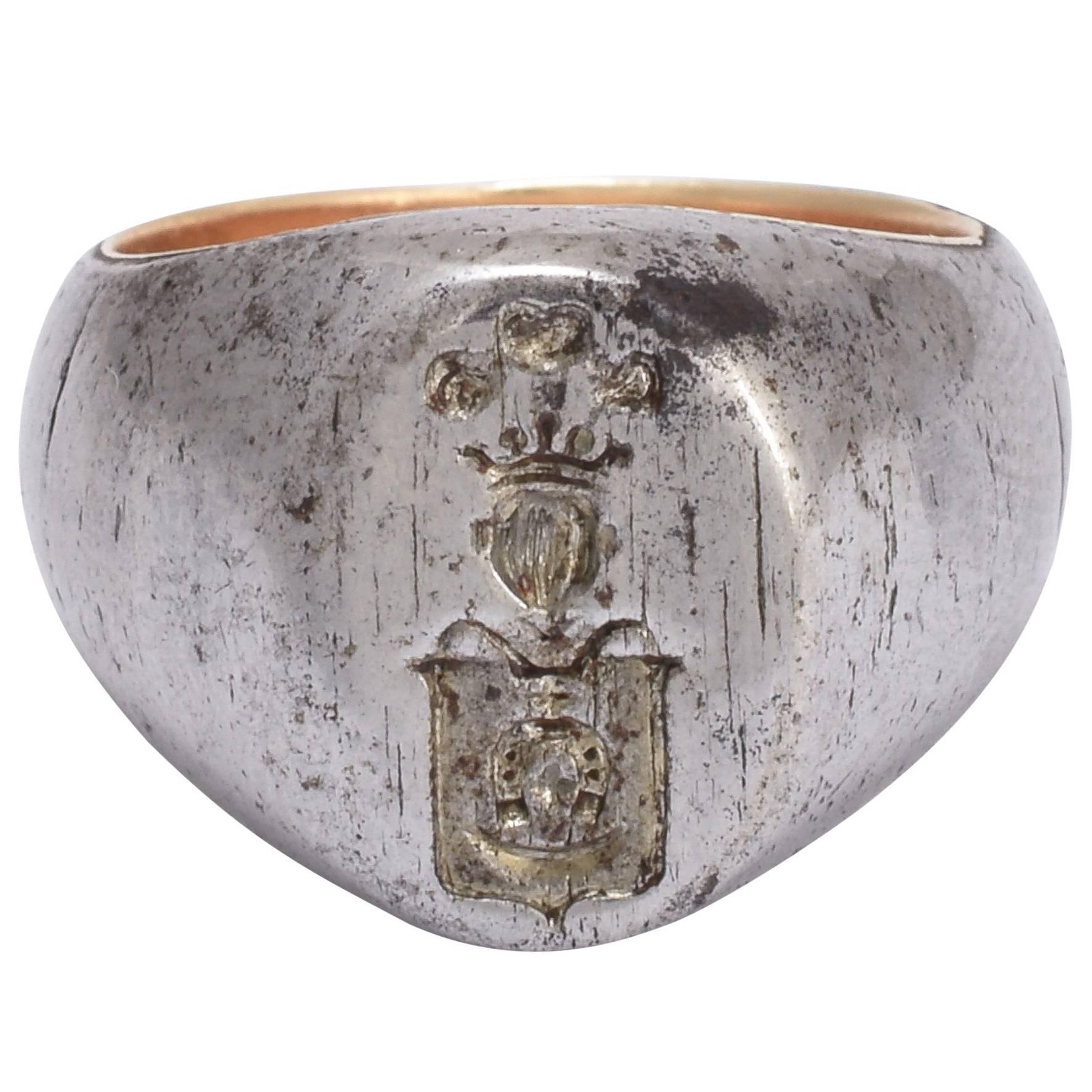 Victorian Gold and Steel Heraldic Signet Ring at 1stDibs